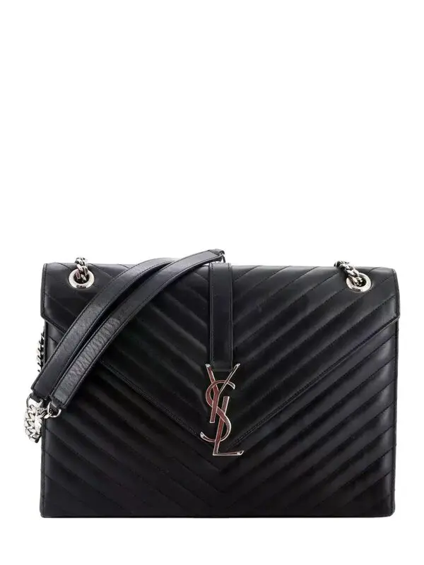Saint Laurent Classic Monogram Envelope Satchel Matelasse Chevron Leather Large Shoulder Bag - Black