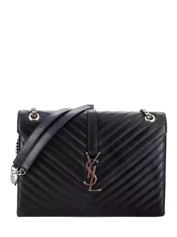 Saint Laurent Classic Monogram Envelope Satchel Matelasse Chevron Leather Large Shoulder Bag - Black