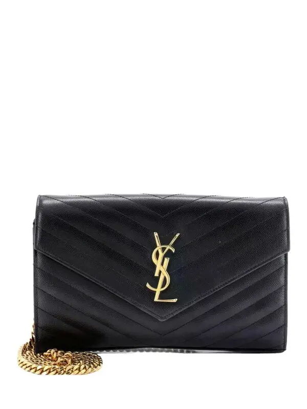 Saint Laurent Classic Monogram Wallet On Chain Matelasse Chevron Leather Medium Crossbody Bag - Black