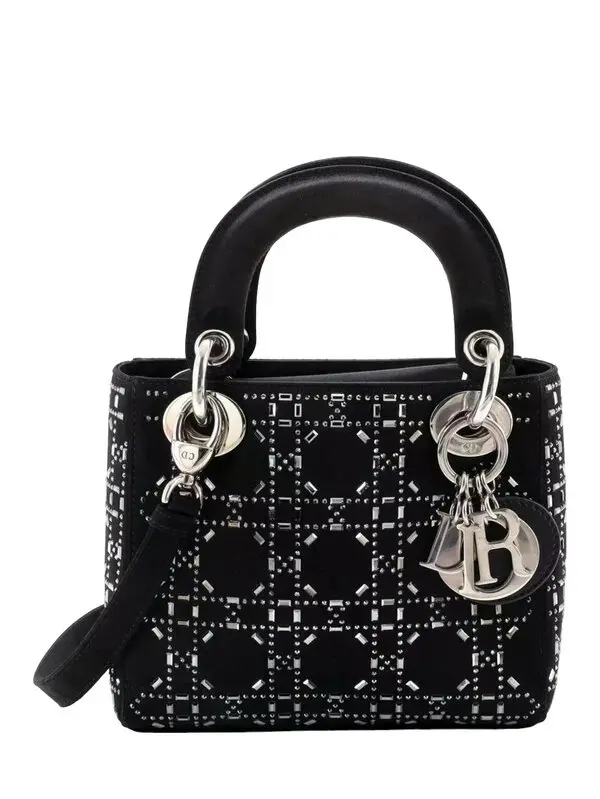 Dior Lady Crystal Embellished Cannage Quilt Mini Satchel - Black