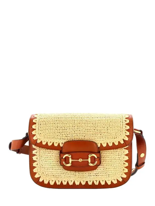 Gucci Horsebit 1955 Raffia Effect Small Shoulder Bag - Brown