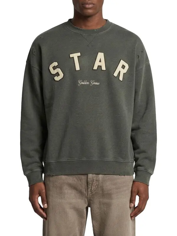 GOLDEN GOOSE Crewneck Sweatshirt With Star Appliqu - Charcoal