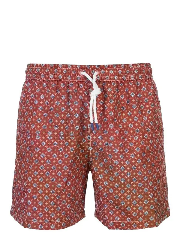 Fedeli Geometric-print Swim Shorts - Red