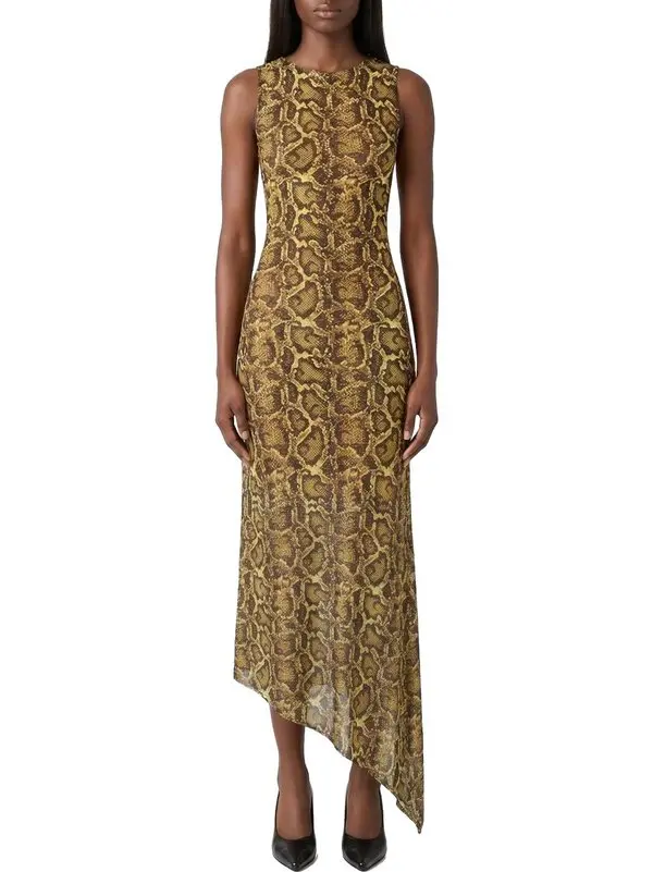MARINE SERRE Asymmetrical Snake Print Stretch Viscose Midi Dress - Yellow