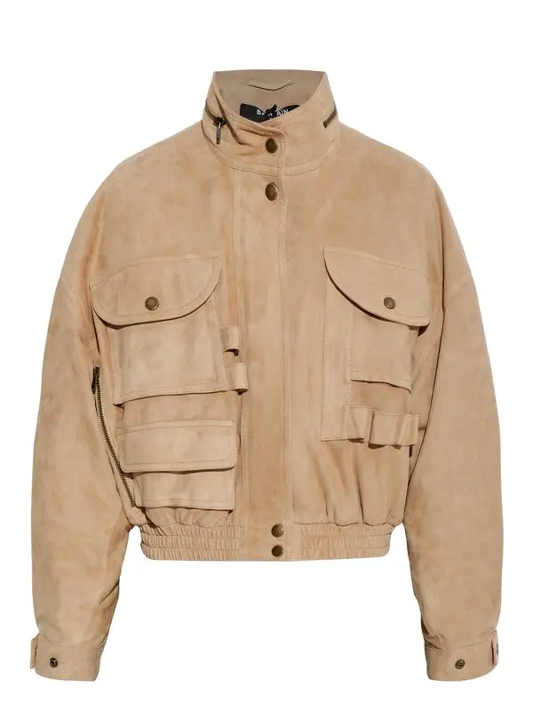 Balmain Suede Bomber Jacket With Pockets - Beige