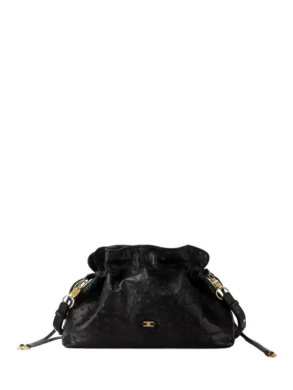 Elisabetta Franchi Ostrich-texture Shoulder Bag With Logo Detail - Black