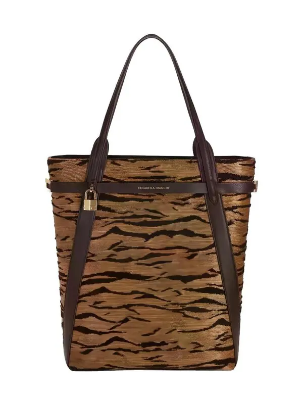 Elisabetta Franchi Tiger-print Shoulder Bag With Padlock Detail - Neutrals