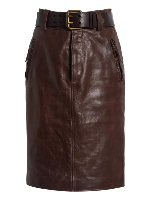Saint Laurent Belted High-rise Leather Midi Skirt - Brown
