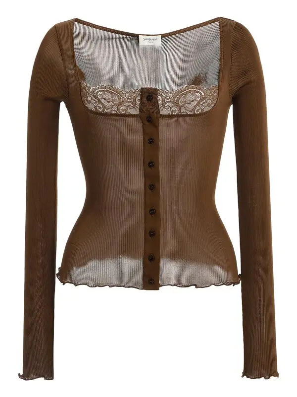 Saint Laurent Lace-trimmed Ribbed Silk Jersey Top - Brown