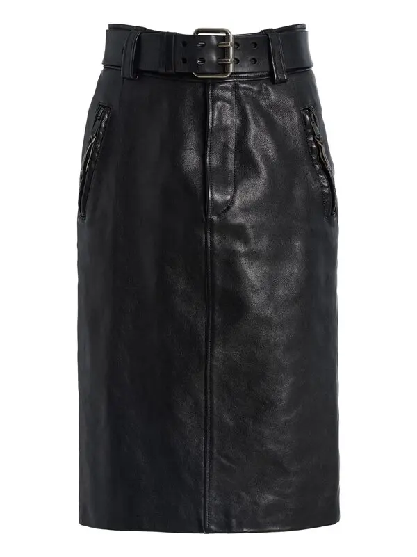 Saint Laurent Belted High-rise Leather Midi Skirt - Black