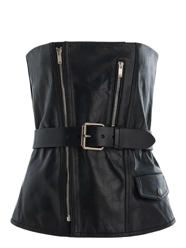 Saint Laurent Strapless Leather Biker Bustier Top - Black