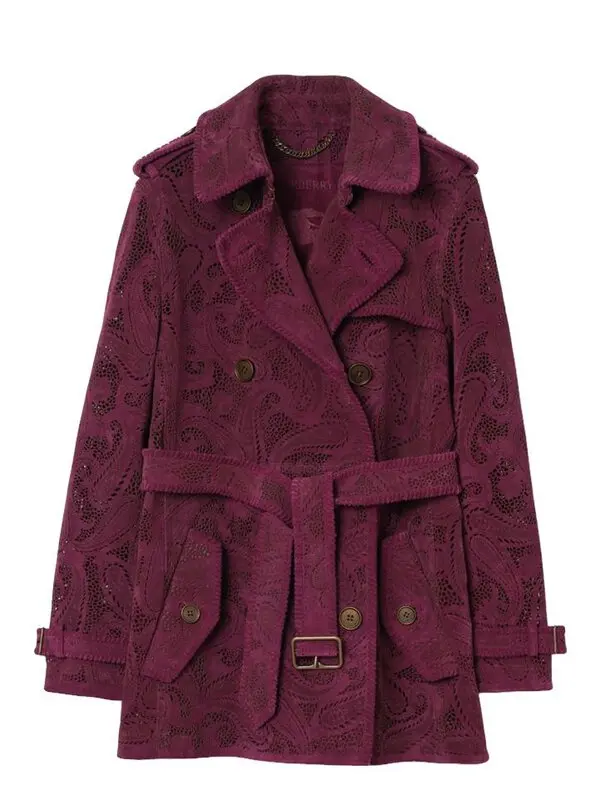 Burberry Short Paisley Suede Foxfield Trench Coat - Allium Purple