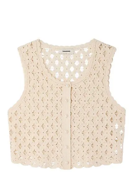 Sandro Cropped Bead-embellished Crochet Cardigan - Ecru