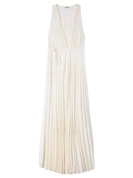 Sandro Pleated V-neck Woven Maxi Dress - Ecru
