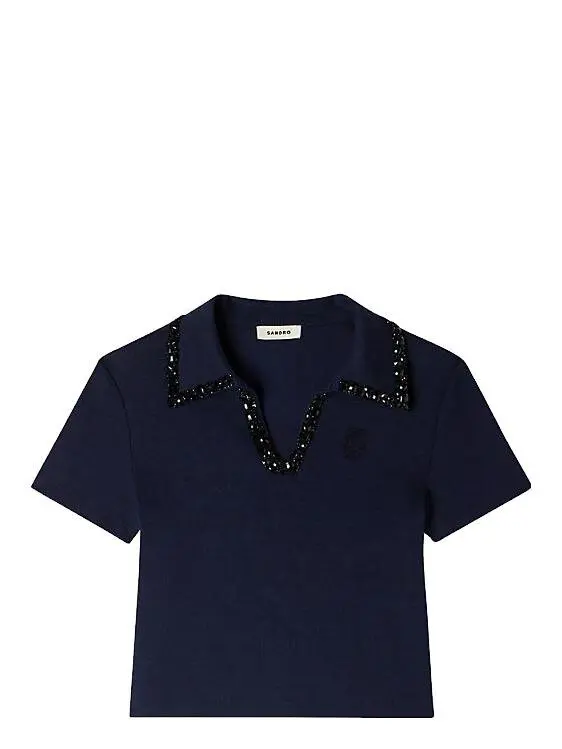 Sandro Beaded-collar Stretch-cotton Polo Shirt - Navy Blue