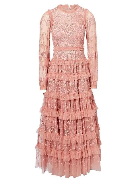 NEEDLE & THREAD Blossom Lace Tiered Tulle Gown - Misty Rose