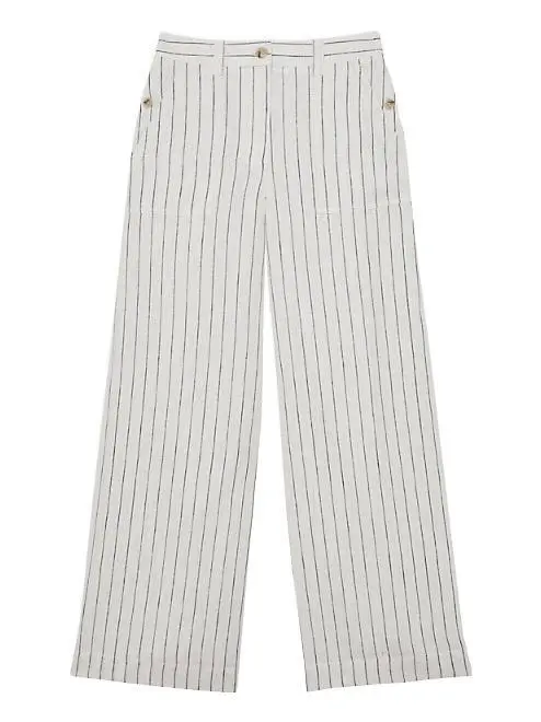 REISS Striped Wide-leg Linen Trousers - White Navy