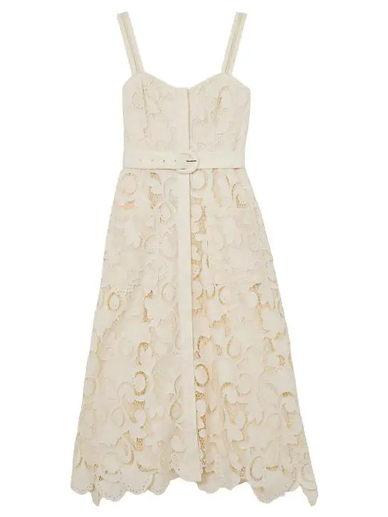 REISS Button-front Lace Midi Dress - Cream