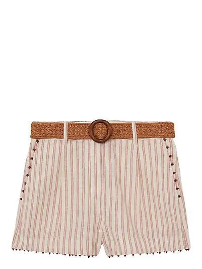 REISS Striped Linen Shorts - Coral Orange Ivory