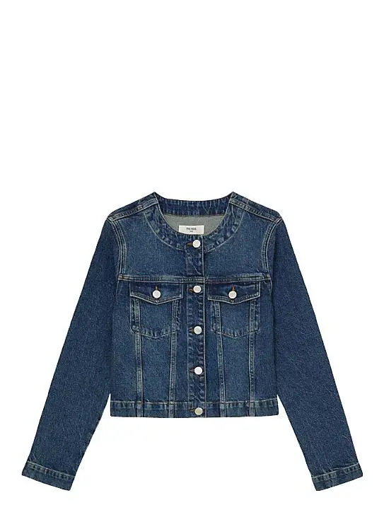 REISS Medora Round-neck Denim Jacket - Mid Blue