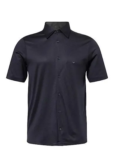 Emporio Armani Slim-fit Short-sleeve Cotton-blend Shirt - Blue Navy