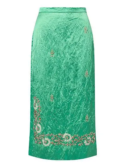 Erdem Embellished Textured Satin Pencil Midi Skirt - Sea Green