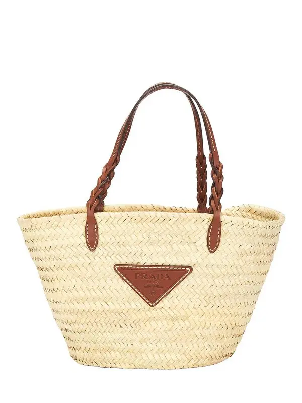 Prada Vitello Woven Raffia Basket Tote Bag - Naturale & Cognac