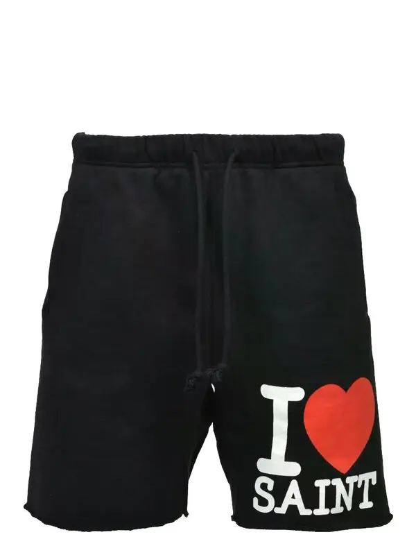 SAINT MXXXXXX Graphic-print Raw-hem Shorts - Black