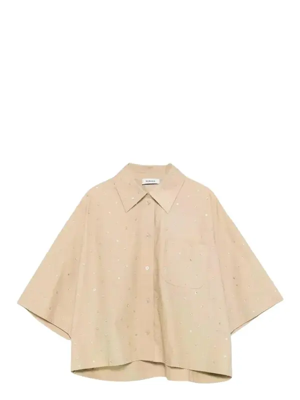 Sandro Oversized Cotton Shirt With Rhinestone Embellishments - Neutrals