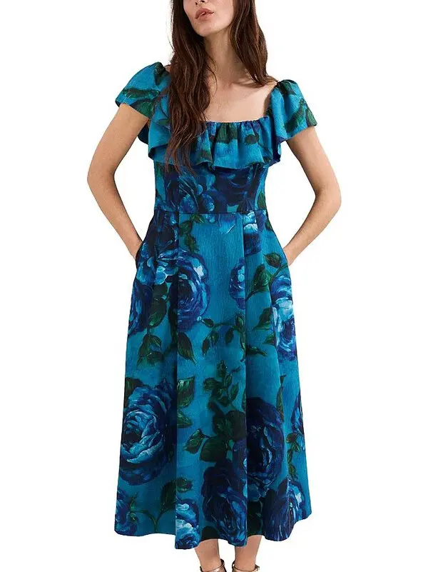 PHASE EIGHT Brianne Floral Ruffle Midi Dress - Blue