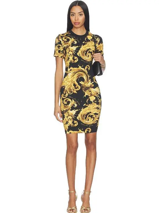 Versace Baroque Print T-shirt Dress - Black & Gold