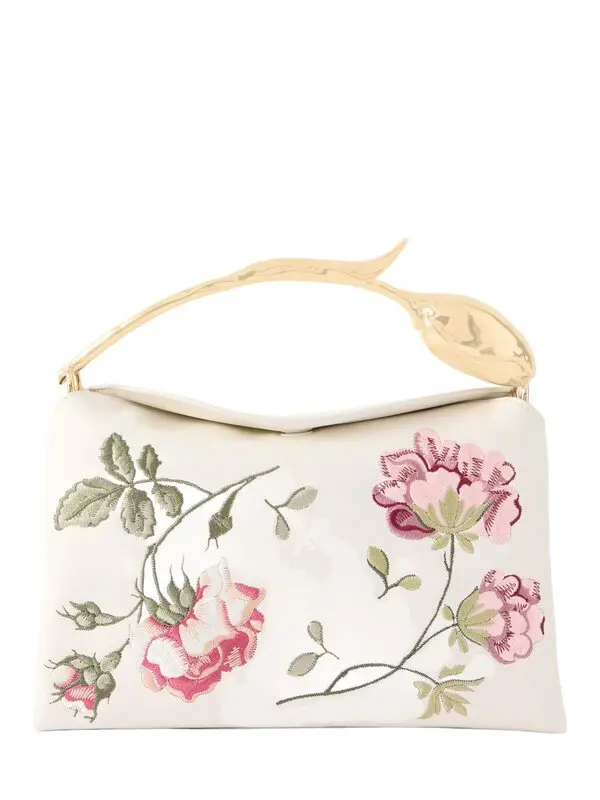 Erdem Bloom Embroidered Leather Clutch - Neutrals