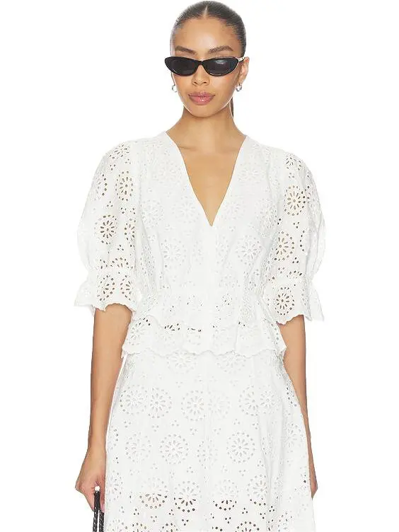 FRAME The Deco Eyelet Tiered Blouse - White