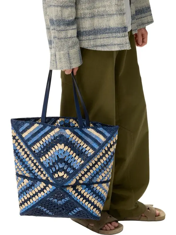 Loewe Xl Puzzle Fold Raffia Tote - Navy/sky Blue