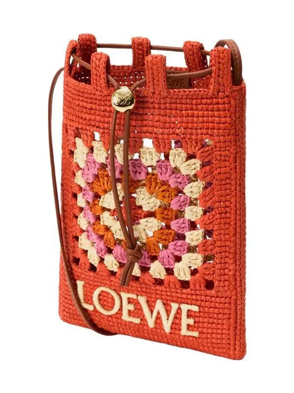 Loewe Drawstring Pocket In Raffia And Classic Calfskin - Bright Orange/pink