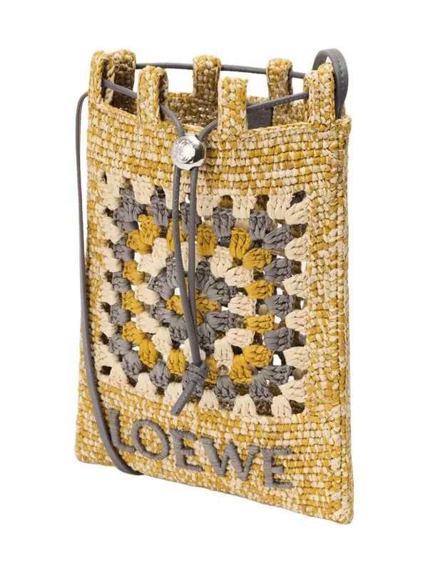 Loewe Drawstring Pocket In Raffia And Classic Calfskin - Pearl Grey/mustard