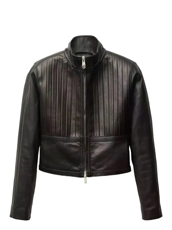 Versace Zipped Plongé Leather Blouson Jacket With Embossed Panels - Black