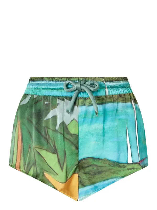 DONDE ESTEBAN Printed Silk-blend Satin Mini Shorts - Blue