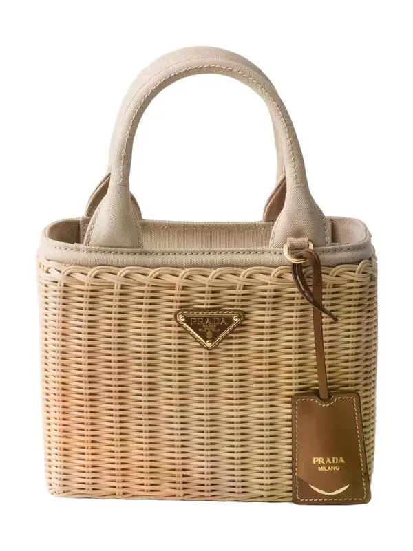 Prada Small Wicker And Canvas Tote Bag - Neutrals