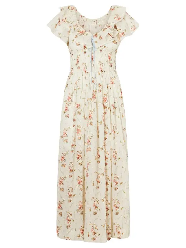 DÔEN Illiana Lace-trimmed Shirred Floral-print Organic Cotton Dress - Multi