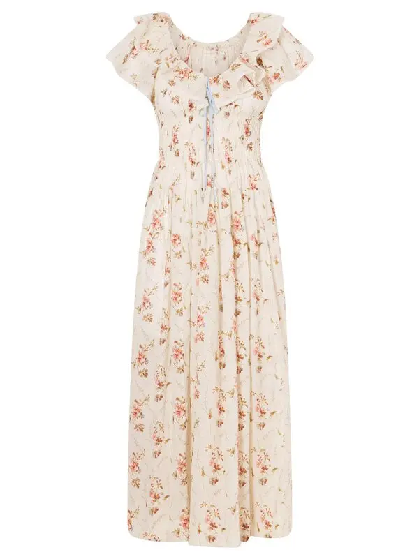 DÔEN Illiana Lace-trimmed Shirred Floral-print Organic Cotton Dress - Multi