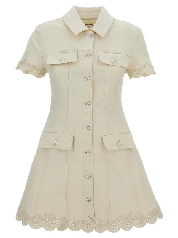 SELF-PORTRAIT Denim Broderie Mini Dress - White