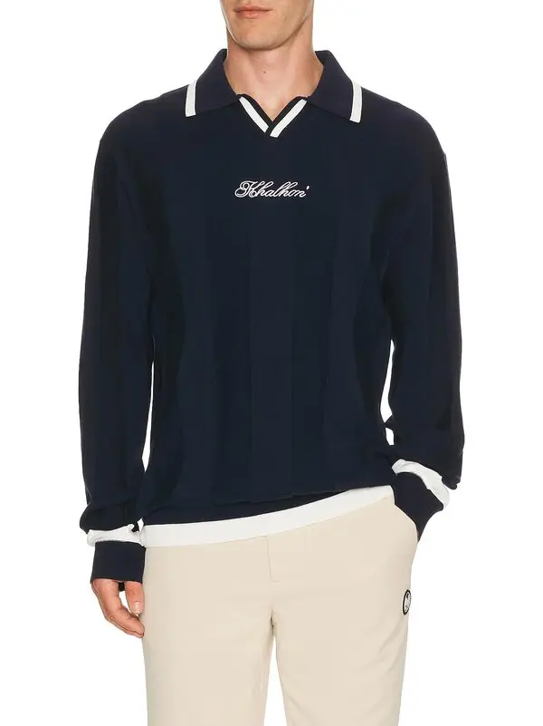 KHALHON V Tipped Varsity Knit Pullover Polo In Blue - Navy