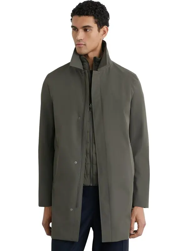 REISS Logan Hybrid Removable Funnel Neck Overcoat - Khaki Green