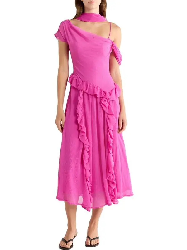 DAMSON MADDER Moxie Ruffle Asymmetric Midi Dress - Fushia
