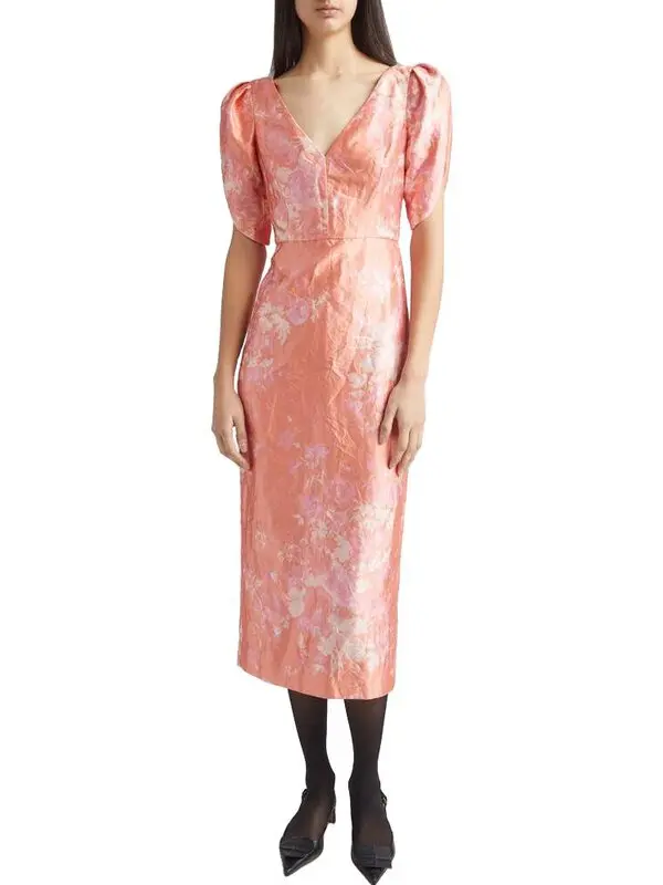 Erdem Floral Print Crushed Metallic Satin Gown - Rose Bouquet Peach Pink