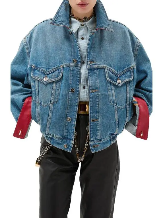 Versace Oversize Colorblock Denim And Leather Trucker Jacket - Medium Blue Red