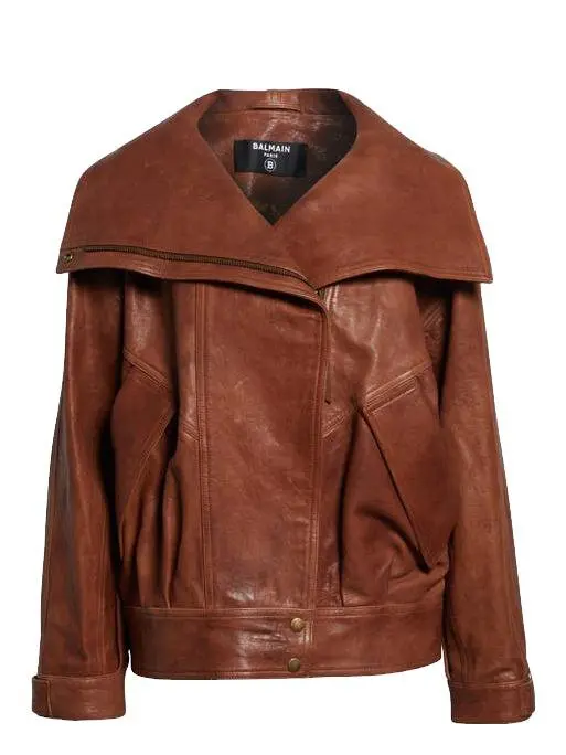 Balmain High Collar Leather Bomber Jacket - 8eh Brown