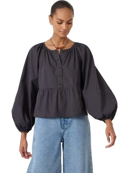 HUSH Beck Cotton Peplum Blouse - Navy Blue