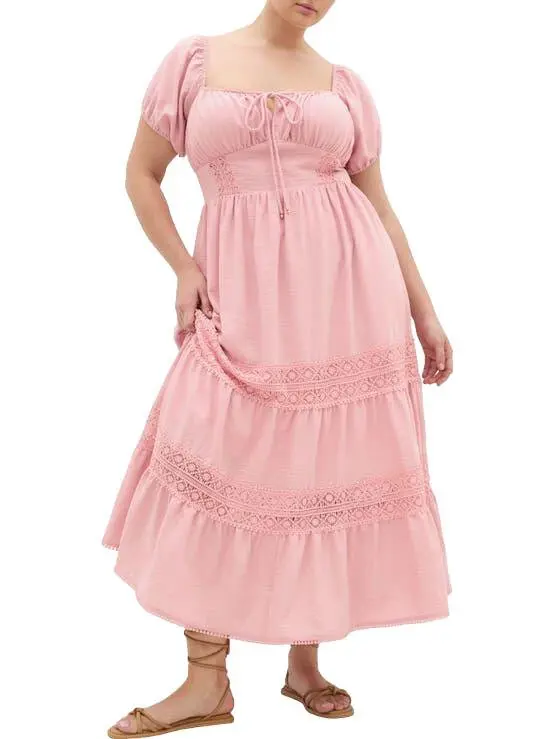 City Chic Haven Lace Trim Puff Sleeve Midi Dress - Peachy